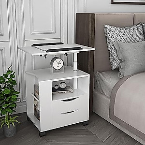EKSED Multifunctional Height Adjustable Nightstand, Overbed End Table Wooden Night Stand with Swivel Top,Bedside Table with Storage Drawers, Wheels and Open Shelf, Easy Assembly, White