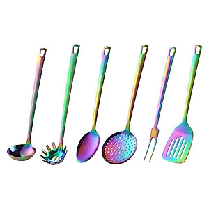 KYA37 Rainbow Titanium 12-Piece Stainless Steel Kitchen Knives Set with Sheath + KYA52 6PCS Nonstick Colorful Stainless Steel Rainbow Utensil Sets