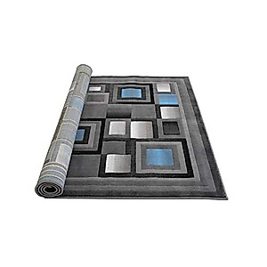 HR Abstract Blue/Silver/Gray Geometric Modern Squares Pattern 5x7 Area Rug (5'2" x 7'2")
