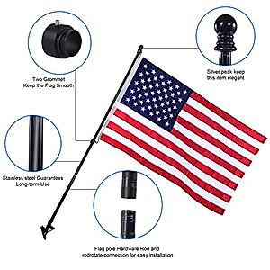 Jezzluky American-Flag-with-Pole for House, Wall Mount Flag Pole Kit Outside Included 6ft Stainless Steel Pole, 3x5 Embroidery Nylon Us Flag, Aluminum Alloy Tangle-Free Rings and Metal Holder