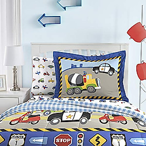 dream FACTORY Trucks Tractors Cars Boys 5-Piece Bedding Comforter Sheet Set, Twin Blue Red Multi