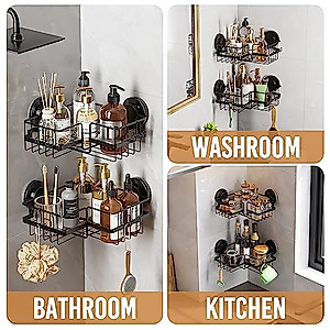 LEVERLOC Corner Shower Caddy Suction Cup with Hooks 2 Pack No-Drilling Rotating Removable Shower Caddy Basket, Stainless Steel Shower Shelves,Rustproof Organizer for Bathroom Storage,Black