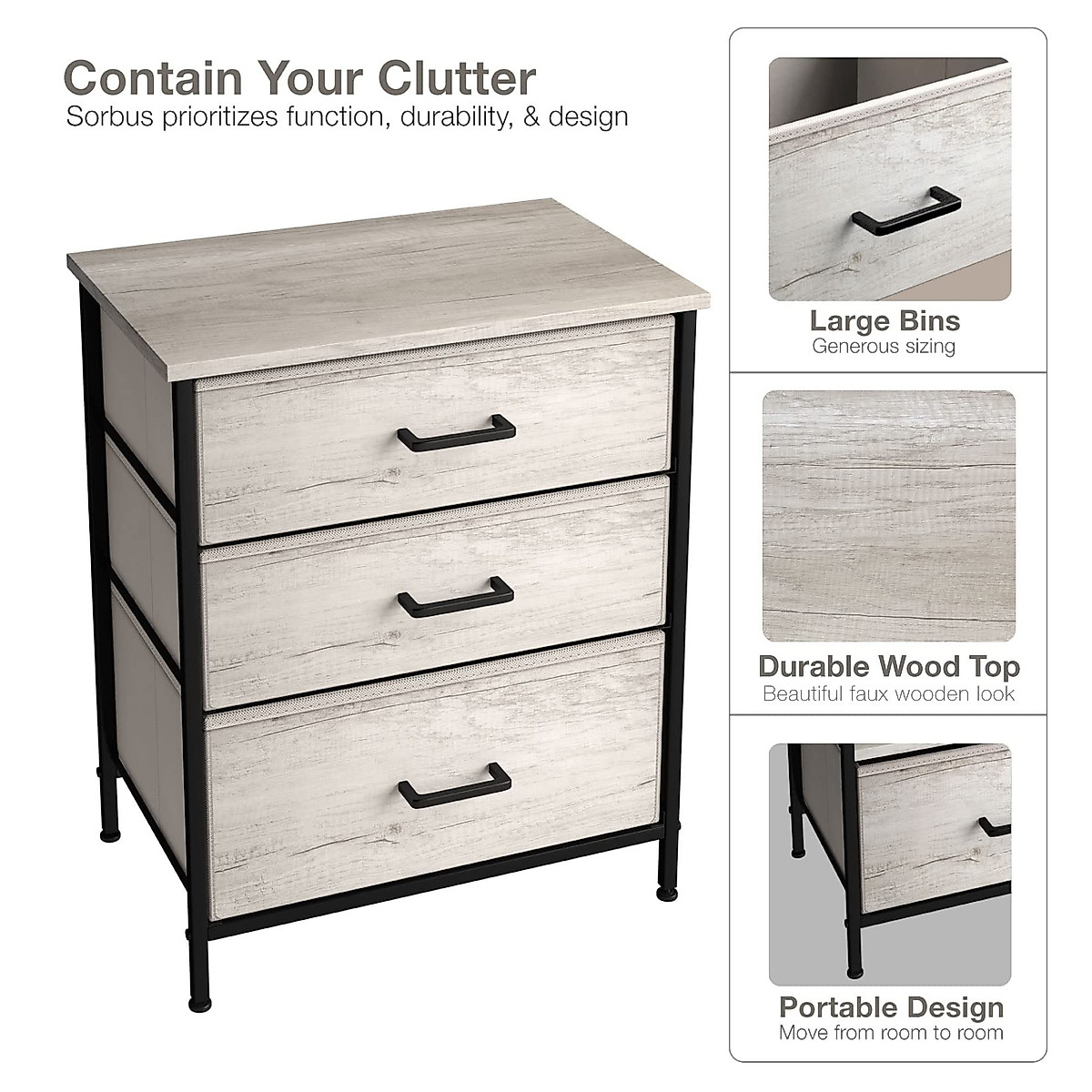 Sorbus Nightstand Dresser with 3 Faux Wood Drawers - Bedside Table Chest with Storage, Steel Frame, Wood Top, Easy Pull Fabric Bins for Bedroom, Living Room, Closet & Dorm Furniture Lamp Stand