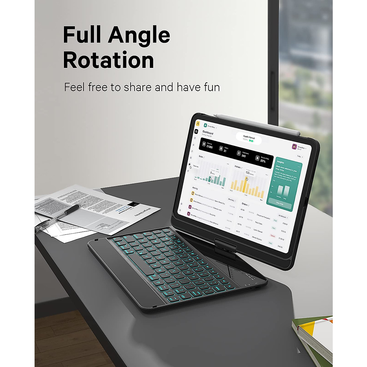 GreenLaw iPad Air 5th 4th Generation Case with Keyboard, DIY 7 Color Breathing Backlit, 360° Rotatable, Auto Sleep, Keyboard Case for iPad Pro 11 Inch(4th/ 3rd/ 2nd/ 1st Gen.), Black