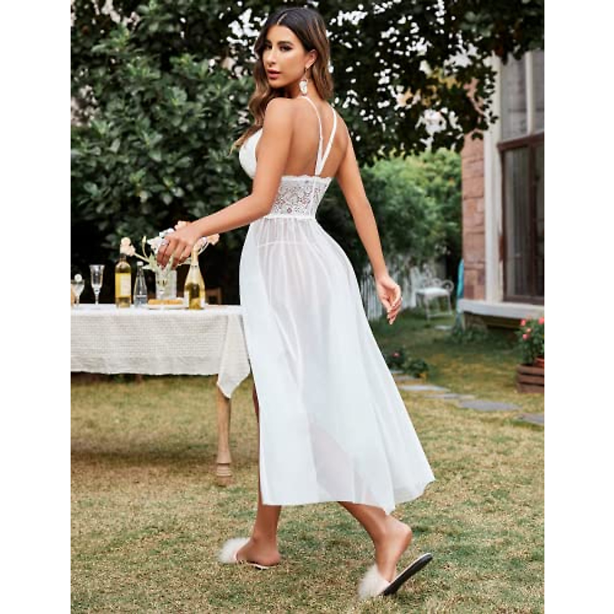 Avidlove Women Lace Babydoll Mesh Sleepwear Elegant Long Gown Sexy Halter Nightwear Split Maxi Lingerie Dress White L