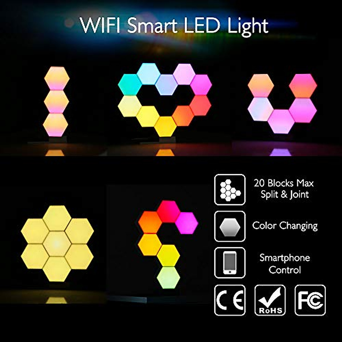 Yescom APP Control Hexagon LED Lights 10 Pack WiFi Wall Hex Light Gifts Gaming Room Bedroom Decor Work with Alexa Google
