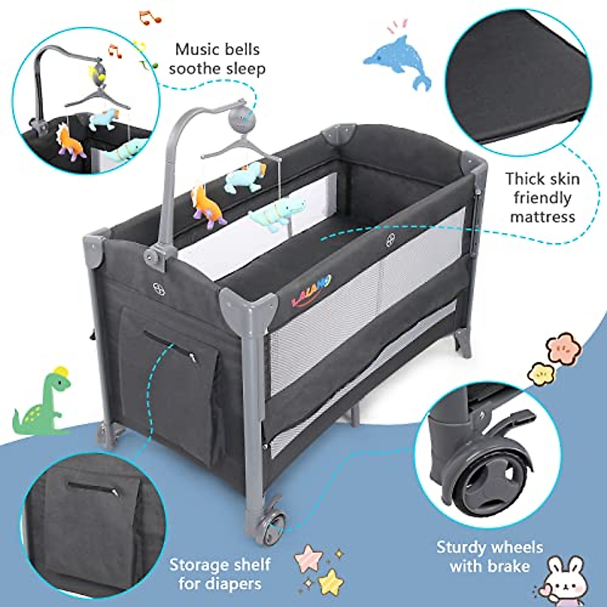 Ktaxon 3 in 1 Baby Bassinet, Bassinet Bedside Sleeper Baby Crib with 3 Levels Height Adjustment, Fast Folding Design and Flexible Wheel with Brake from Newborn to Toddles