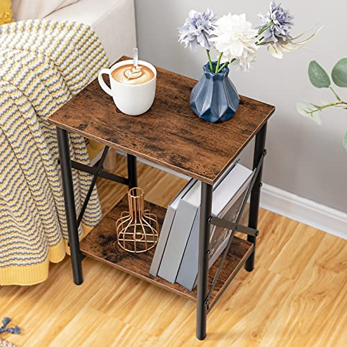 MAHANCRIS Small Side Table, 2-Tier Narrow End Table with Storage, X-Shaped Narrow Nightstand, Bedside Table for Small Spaces, Steel Frame, Living Room, Bedroom, Easy Assembly, Rustic Brown ETHR2801Z