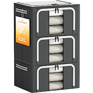 Furnhome Clothes Storage Organizer Bins, Stackable Storage Bins-Foldable Oxford Cloth Steel Frame Storage Box for Clothing Storage with Clear Window & Reinforced Handles (Dark Grey, 22L, 3PCS)