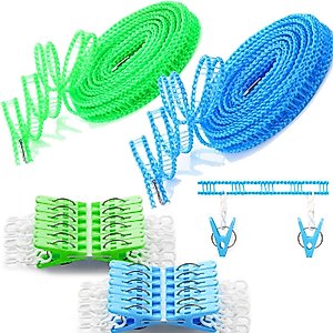 Foshine Clotheslines 2 Pack Clothesline Clothes with 24 Pcs Clips Drying Rope Portable Windproof for Travel Indoor Outdoor Laundry Clothes Line Hanger Camping Home