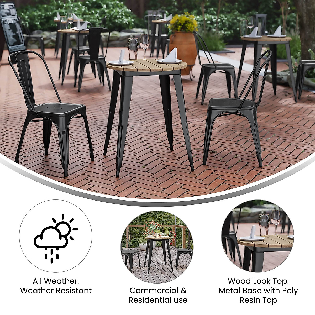 Flash Furniture Declan Commercial Outdoor Bar Height Dining Table, All Weather Poly Resin Top with Steel Base, 23.75" Round, Brown/Black