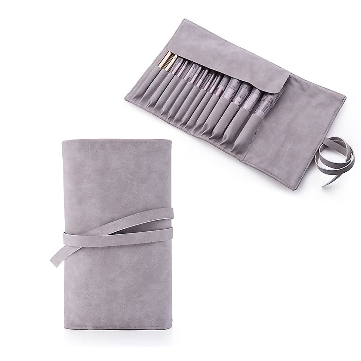 JAMEND CLXP 14 Pockets Makeup Brush Travel Rolling Case Gray Waterproof Cosmetic Travel Bag Brushes Pouch Holder, Premium Leather Brush Organizer with Belt Strap for Women Girls, NO BRUSHES.