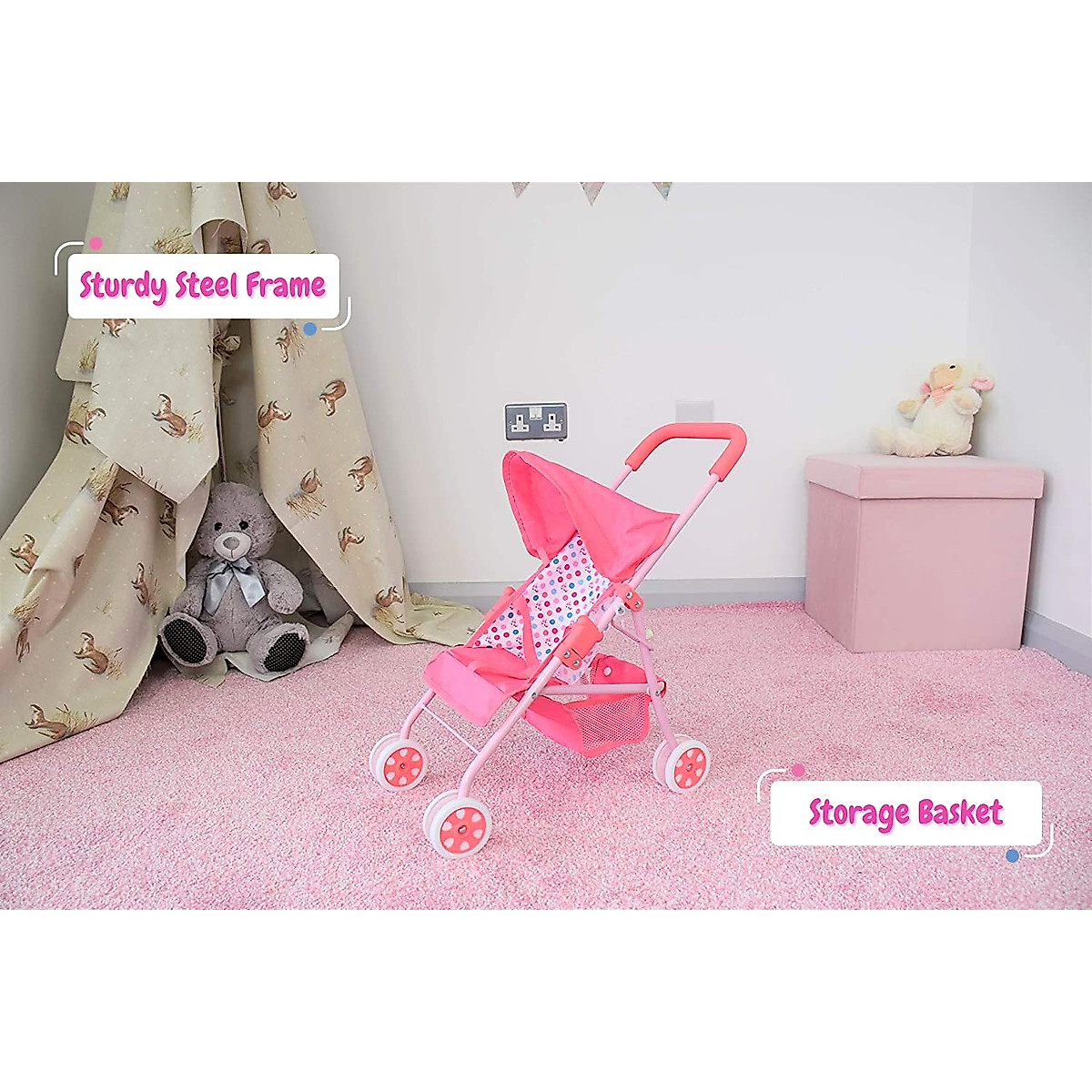 KOOKAMUNGA KIDS Baby Doll Stroller | Easy Fold Pram | with Retractable Canopy, Storage Basket, Doll Safety Harness and Comfort Grip Handlebar (Pink Unicorn)