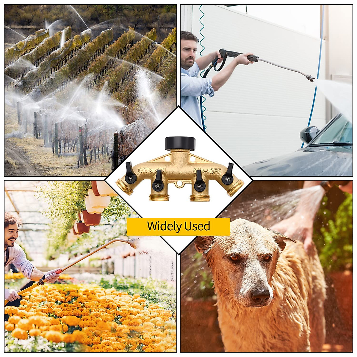 4 Way Hose Splitter with 4Pcs Garden Hose Extension Adapter, Brass Garden Hose Splitter Set, Hose Spigot Adapter with 4 Valves and 12 Rubber Washers & 4 Tapes (4 Way Splitter with 4Pcs hose protector)