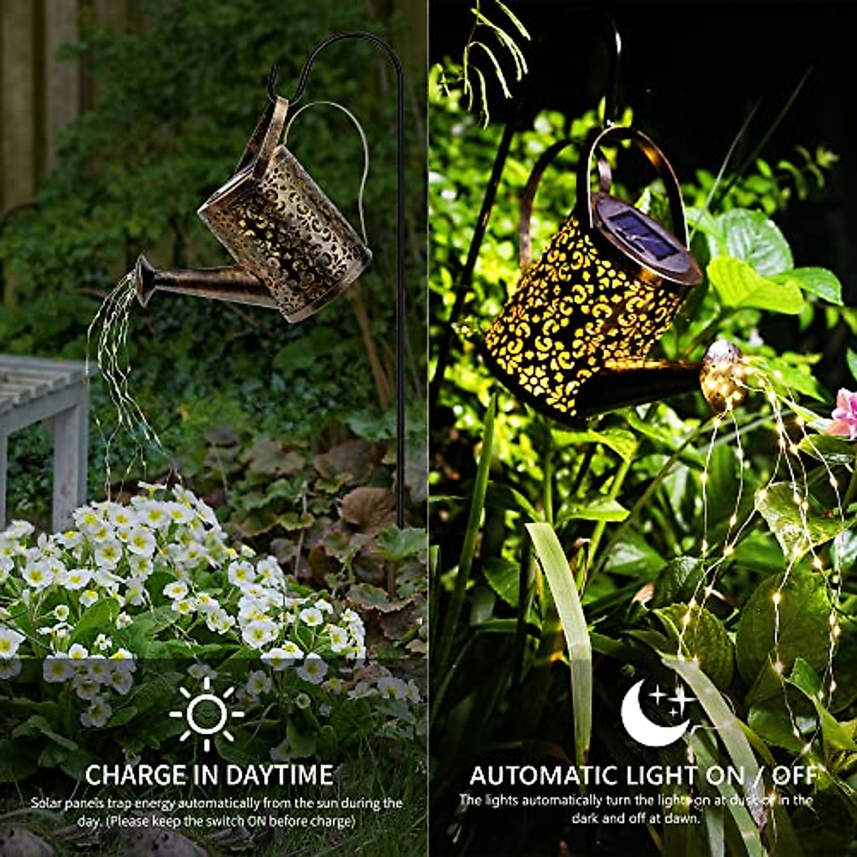 Dynaming 2 Pack Art Light LED Solar Waterfall Watering Can, Outdoor Decorative Garden Light, Retro Waterproof Copper Yard Party Decoration Stake Light for Pathway Lawn Patio Deck Walkway Courtyard