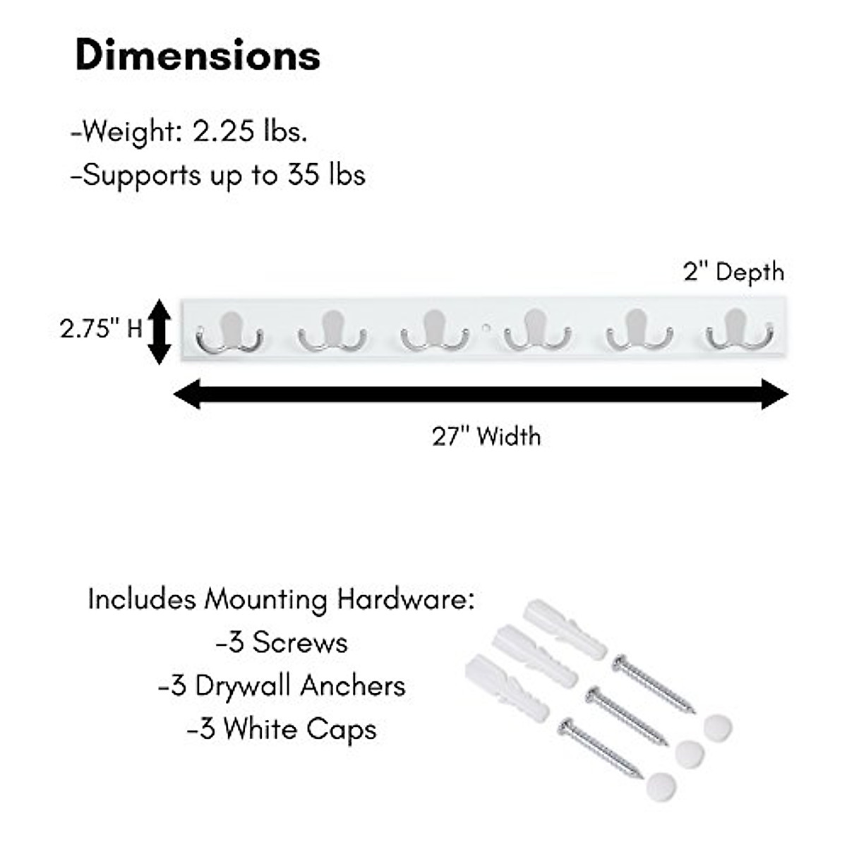 BIRDROCK HOME Dual Hook Coat and Hat Rack - 6 Dual Hooks - 27 Inches - Wall Mount - Decorative Home Storage - Entryway Foyer Hallway Bathroom Bedroom Rail - White Pine Finish - Satin Nickel Hooks