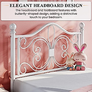 SHA CERLIN Twin Size Bed Frame for Kids,Metal Bed Frame with Butterfly Pattern Design Headboard & Footboard,No Box Spring Needed,Easy Assembly,White