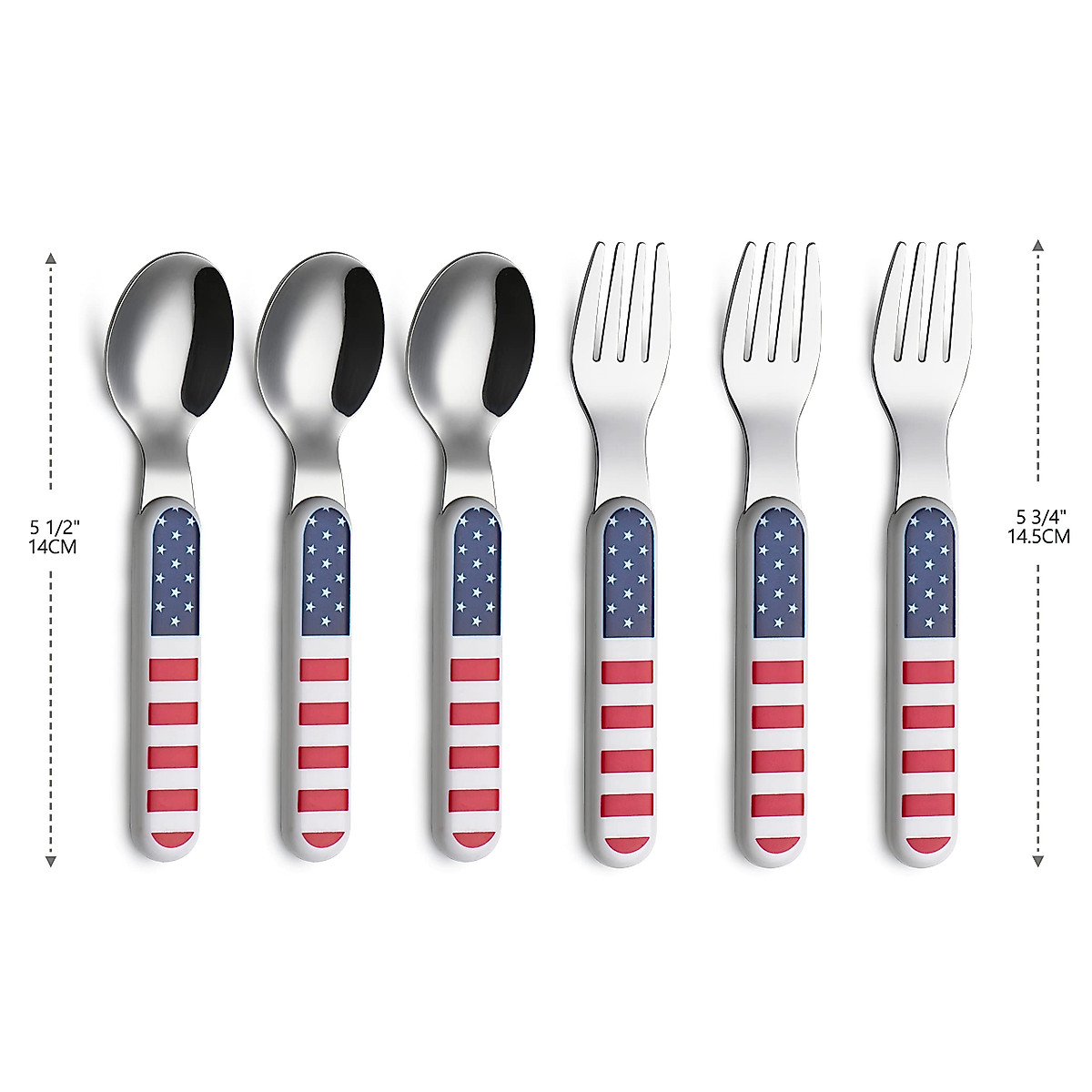 Annova Kids Silverware 6 Pieces Stainless Steel Children's Flatware Set 3 x Forks, 3 x Dinner Spoon Plastic Handle, Toddler Utensils Without Knives, for Babies, Infants BPA Free (US Flag)