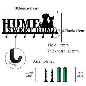 CREATCABIN Hook Hanger Wall Key Holder Metal Decorative Mounted Coat Hanger with Word Sweet Home and Dogs Feature Design Organizer Rack with 6 Hooks for Wall, Bathroom, Kitchen, Entryway