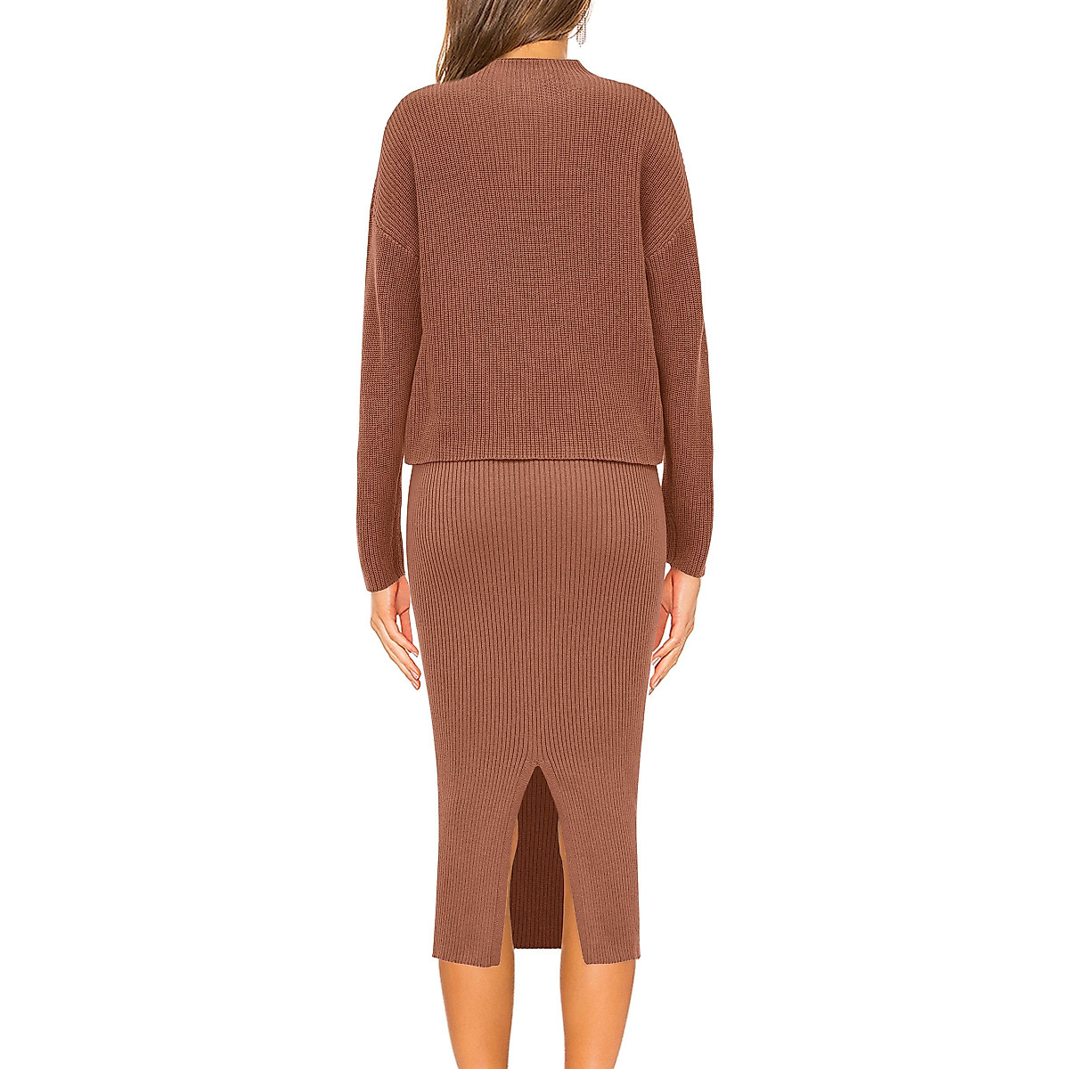 PRETTYGARDEN Womens 2024 Fall Two Piece Outfits Ribbed Knit Long Sleeve Pullover Sweater And Bodycon Midi Skirt Sets (Brown,Large)