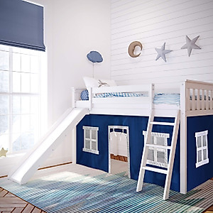Max & Lily Low Loft Bed, Twin Bed Frame For Kids With Slide and Curtains For Bottom, White/Blue