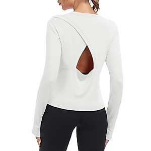 Bestisun Women's Workout Long Sleeve Athletic Wear Yoga Shirts Thumb Hole Sweatshirts Open Back Running Shirts Exercise Clothes White M
