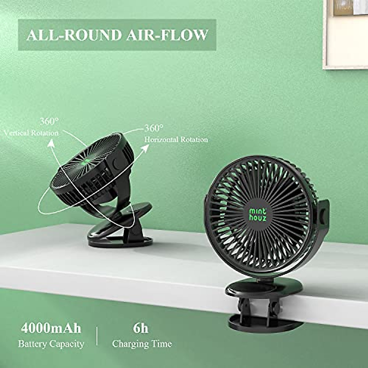 Minthouz Clip on Fan, 4000mAh Portable Fan Rechargeable Battery Operated Fan, Upgraded Quieter & Stronger Wind Personal Fan, 4 Speeds Desk Fan with Clamp,Mini Fan for Baby Stroller Bedroom Home Office
