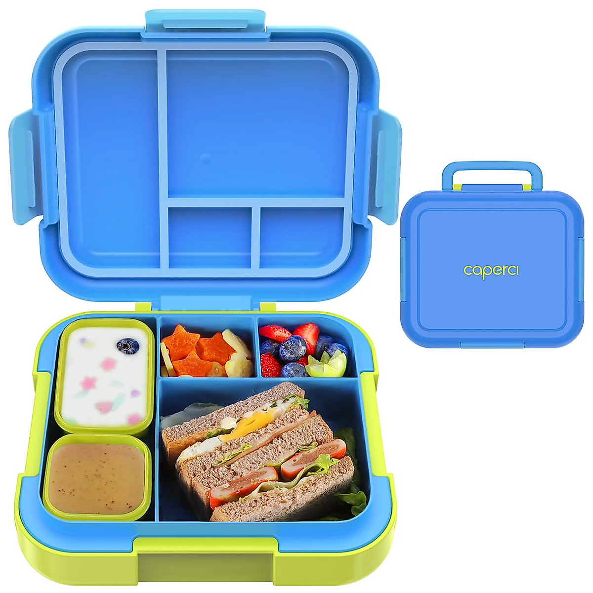 Caperci Bento Lunch Box for Kids - Large 4.8 Cups Lunch Container with 2 Modular Containers - 4 Compartments, Leak-Proof, Portable Handle, Microwave/Dishwasher Safe (Blue/Juicy Pear)