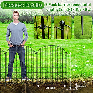 Decorative Garden Metal Fence 5 Pack, 32 in (H) x 11.8 ft (L) No Dig Dog Animal Barrier for Yard, Animal Ground Stakes Fencing for Garden, Patio, Flower Bed