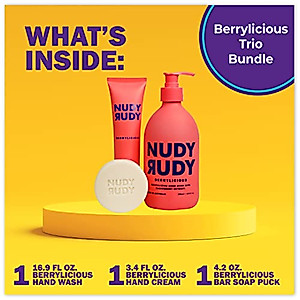 Nudy Rudy - Berrylicious Trio Bundle - Hand Cream, Liquid Hand Wash & Bar Soap - Organic Shea Butter - Natural - Non-Greasy - Moisturizer - Hand Lotion - Hand Soap - Body Wash - Skin Care - 3 Pack