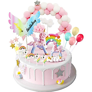 MOVINPE Unicorn Cake Topper, Magic Unicorns Sculpture, Pink Hairball Arch, Rainbow, Wings Birthday Banner, Cloud, Balloon, Stars, Little Unicorn Rainbows, Cake Decoration For Girl Kid Women Party