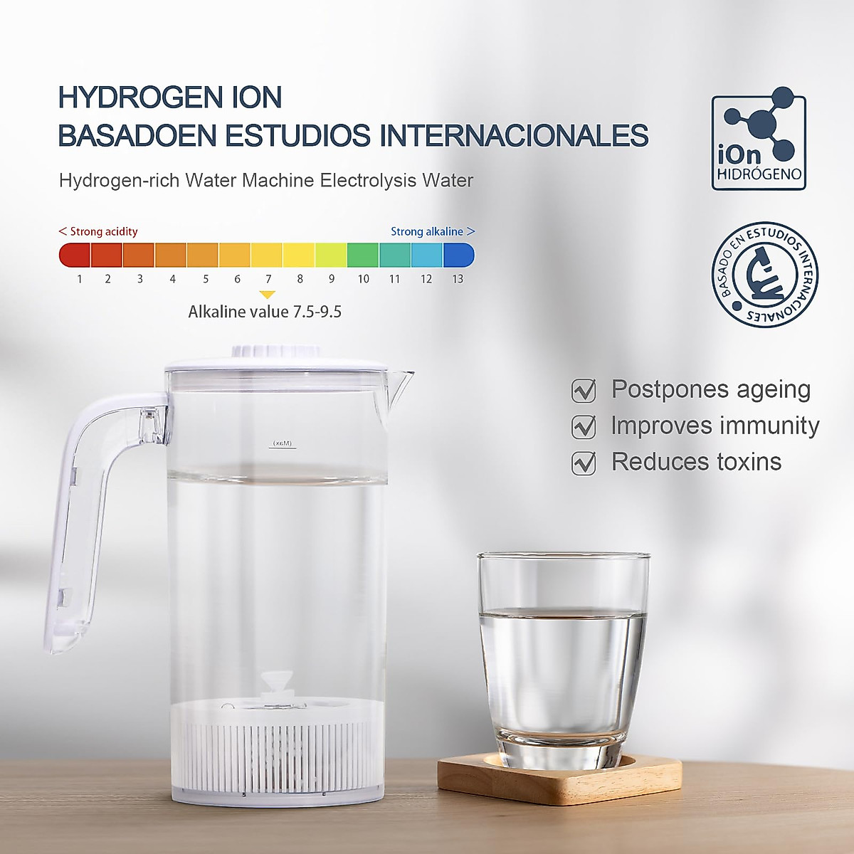 Hydrogen Water Generator Pitcher - SPE & PEM Ionized Electrolysis,Hydrogen Water Machine Purified PH Balanced Water, BPA Free Jug, includes 2 Calcium Sulfite Filters
