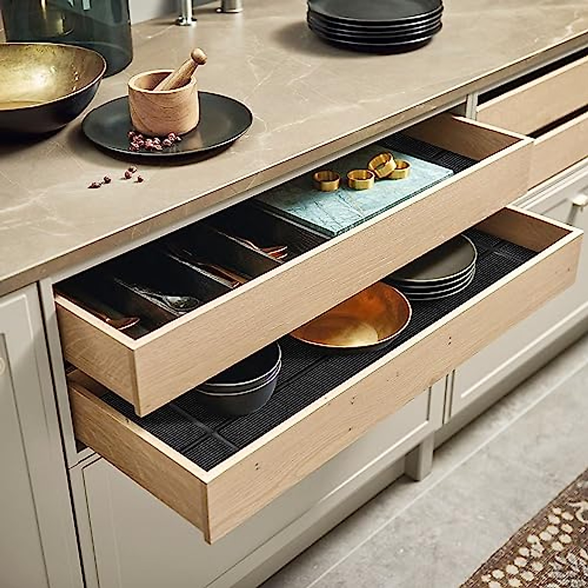 PABUSIOR Shelf Liner for Under Kitchen Sink - Strong Grip Non-Slip, 0.2in Thick, 24 x 68 Inch, Easy to Cut Foam Shelf Liner, Non-Adhesive Cabinet Protection Mat for Tools Drawer, Pantry Shelves, Black