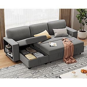 Flamaker 80" Sleeper Sofa, Sofa Bed with Built-in Large Storage and 2 Bookshelves, Convertible Sectional Sofa Couch, Pull Out Couch with USB, Modern Couches for Living Room (Fabric, Grey)