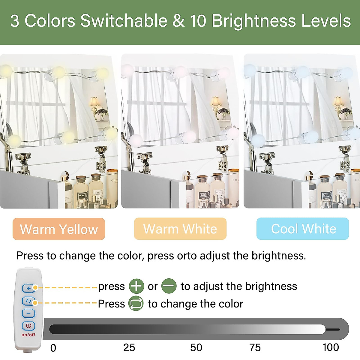 LTMEUTY Dresser for Bedroom, 4 Drawer Dresser with Mirror and Lights, Modern Tall Chest of Drawers with Makeup Organizer for Small Space, Bedroom, Entryway, Living Room (White)