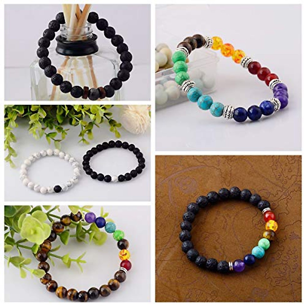 Black Lava Stone 7 Chakra Bracelets 6pcs mix 8mm Yinyang Rock Bead Elastic Natural Stones Gemstones Oil Diffuser Yoga Menditation Beads Bracelets for Men Women Girls Jewelry (6pcs Lava Stone Bracelet)
