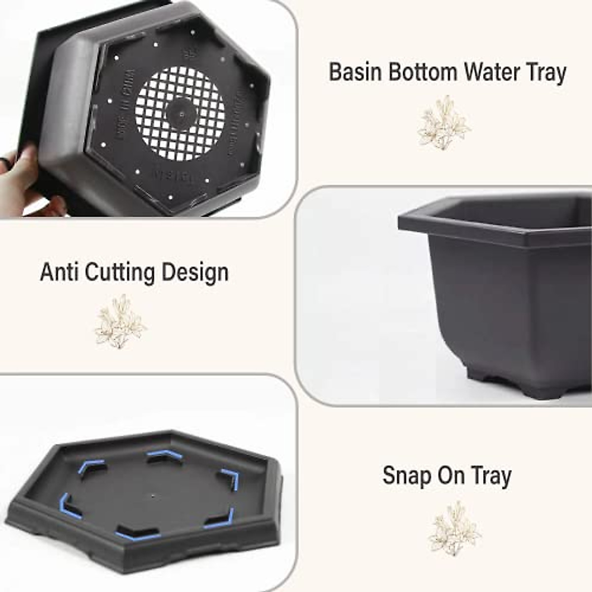 MONDWARE Three Training Plastic Hexagonal Bonsai Pot and Trays + Plastic Shovel and 12 T-Shaped Markers