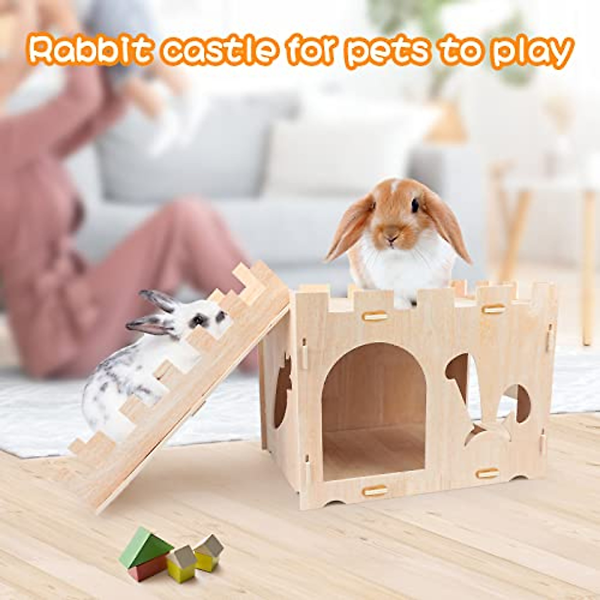 BWOGUE Extra Large Wooden Rabbit Castle Bunny House and Hideouts Detachable Small Animal Play Hideaway Hut for Indoor Adult Rabbit Guinea Pig Chinchilla Habitat
