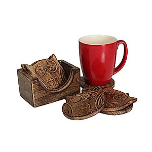 NIRMAN Wooden Crafted Coaster Set of 6 with Coasters Holder for Drink Bar Coaster Tea Coffee Mug Tabletop Barware Drink Handmade Dining Home Decor (Owl Shape)