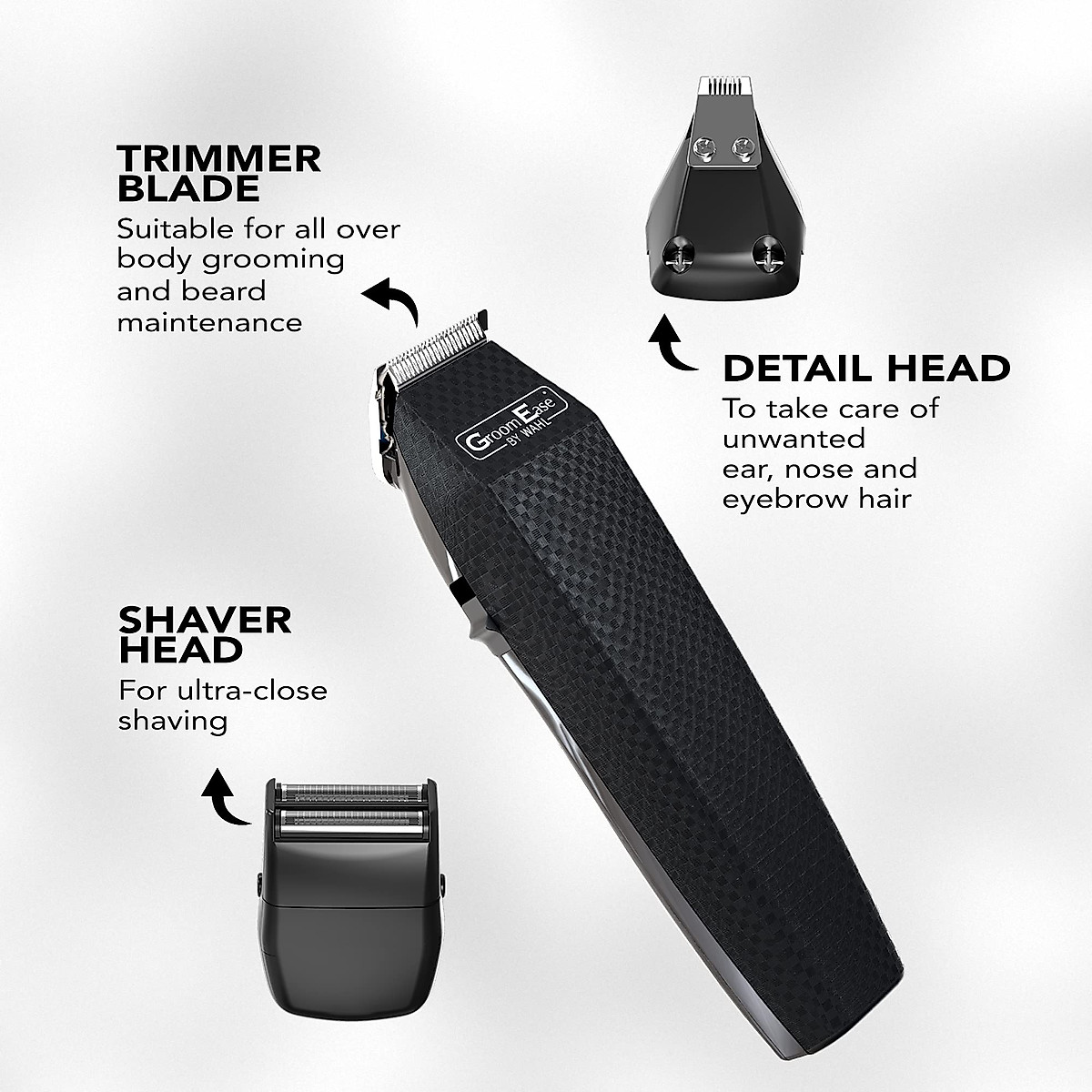 WAHL GroomEase Battery Operated Men Multigroomer, Three Interchangeable Heads, Four Attachment Combs, 90 Minutes of Continuous Use, Ideal for Gym and Travel