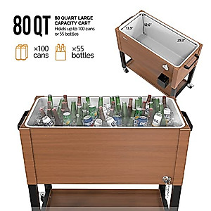 VINGLI 80 Quart Rolling Ice Chest on Wheels, Patio Cooler Cart with Waterproof Cooler Cart Cover, Beverage Rolling Cooler for Outdoor Patio Deck Party (Brown)