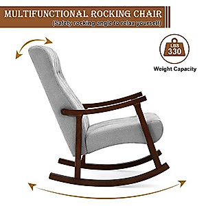 AVAWING Upholstered Rocking Chair with Fabric Padded Seat,Comfortable Rocker Solid Wood for Living Room,Modern High Back Armchair,Adult Single Sofa,Old Man Chair (Grey)