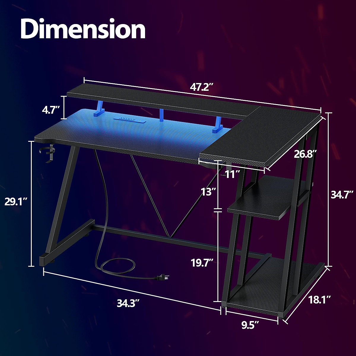 Korfile Reversible Gaming Desk with Power Outlet & LED Lights, Corner Computer Desk with 3 Tiers Storage Shelves, Home Office Desk with Monitor Stand for Small Space, 47 Inch Carbon Fiber Black
