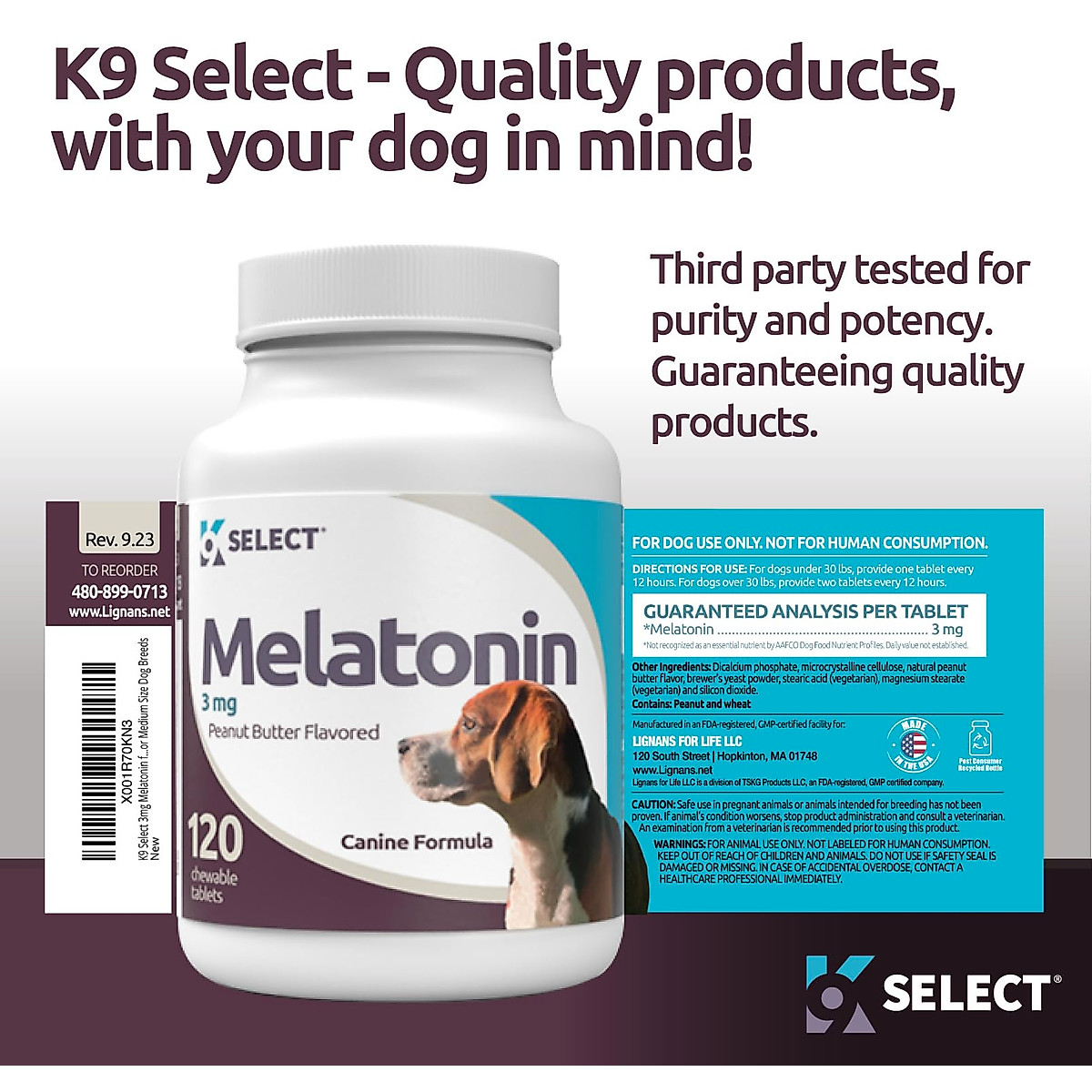 Lignans for Life & K9 Select Pet Care Bundle - HMR Lignans 20mg, 90 Capsules - Melatonin & 3mg, 120 Peanut Butter Flavored Tablets - Multivitamin Dog Wellness Supplement Treats - Medium Size Dog Breed