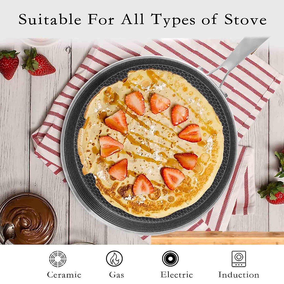 AUDANNE Honeycomb Crepe Pan with Spreader, 11 inch Stainless Steel Flat Skillet, Great for Pancakes Eggs Grill & Griddle Pan - Compatible with All Stovetops (Gas, Electric & Induction), PFOA Free, 11"