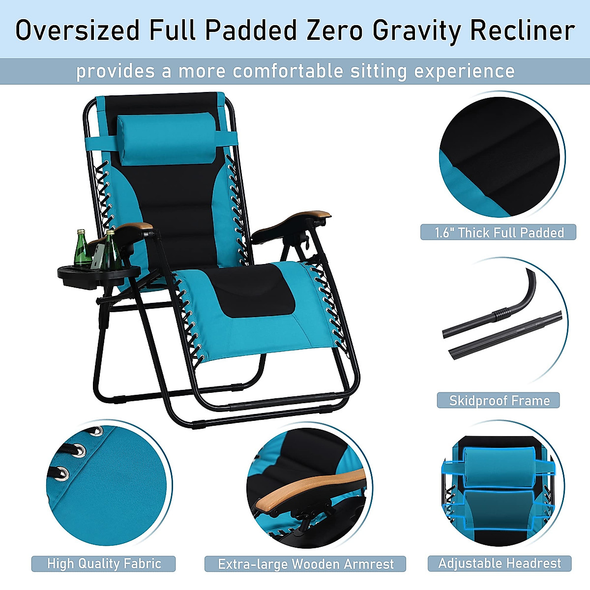 PHI VILLA XXL Oversized Padded Zero Gravity Chair, Foldable Patio Recliner, 30" Wide Seat Anti Gravity Lounger with Cup Holder, Support 400 LBS (Aqua)