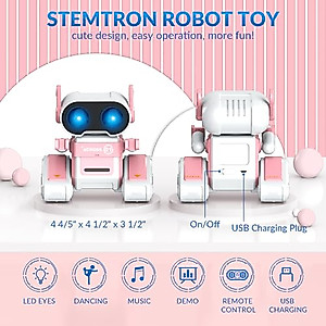 STEMTRON RC Robot Toys for Kids, Rechargeable Remote Control Robot Toy for Boys & Girls, with Auto Demo, Dance Moves, Music, Shining 7 Colors LED Eyes & Flexible Head, Ears & Arms