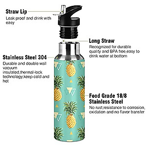 Sports Water Bottle - BPA Free Leakproof Vacuum Pineapple and Triangle Pattern Insulated Stainless Steel Water Jug, Thermo Bottle with Straw Lid for Gym, Kitchen, Working, Outdoor Sport