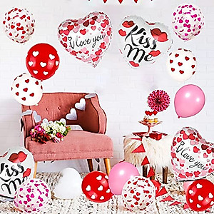 Valentines Day Decorations, 64Pcs Pink White Heart Print Balloons Heart Confetti Balloons Foil Balloons for Valentines Day Proposal Engagement Wedding Party Decorations