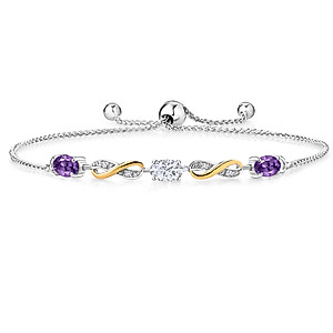 Gem Stone King 925 Silver and 10K Yellow Gold Adjustable Infinity Lab Grown Diamond Bracelet For Women Mother's Mom Her Set with Oval Amethyst and Moissanite (1.43 Cttw)